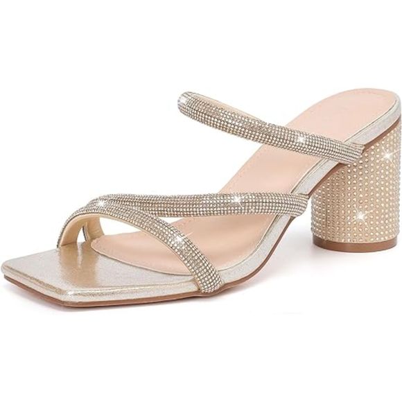 Shoes | Womens Rhinestone Gold Heeled Sandals Square Toe Strappy Chunky ...